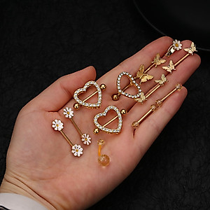 ORAZIO 14G Nipple Rings for Women Surgical Steel Belly Button Ring Butterfly Daisy Flower Nipple Barbells CZ Heart Curved Navel Rings 12 PCS Nipple Piercings Jewelry Set-GOLD