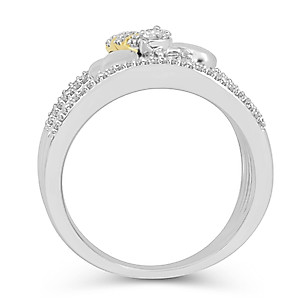 Jewelili Sterling Silver and 10K Yellow Gold 1/5 Cttw Natural White Round Diamonds Bee Band Ring, Size 7