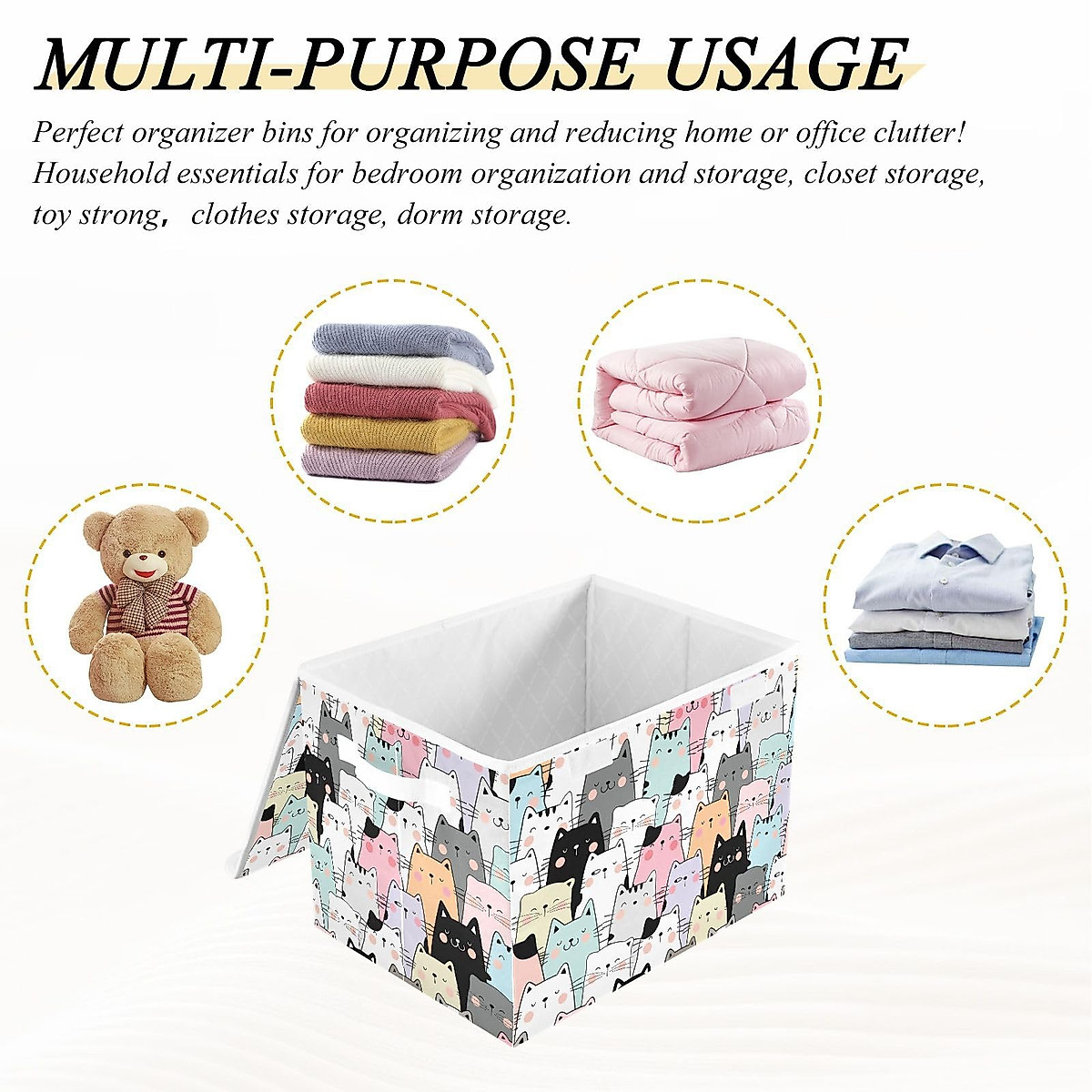 ALAZA Collapsible Large Storage Bin with Lid, Cute Cat Funny Face Foldable Storage Cube Box Organizer Basket with Handles, Toy Clothes Blanket Box for Shelves, Closet, Nursery, Playroom