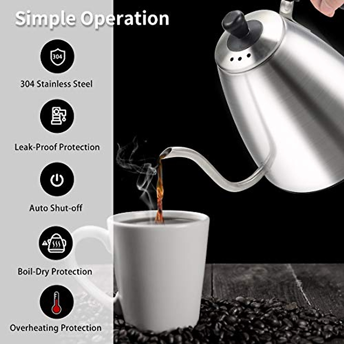 CUSIMAX Gooseneck Kettle, 1000W Electric Kettle 1L, Variable Kettle with 6 Temperatures Pour Over for Drip Coffee and Tea, Stainless Steel Kettle with Auto Keep Warming and Boil-Dry Protection