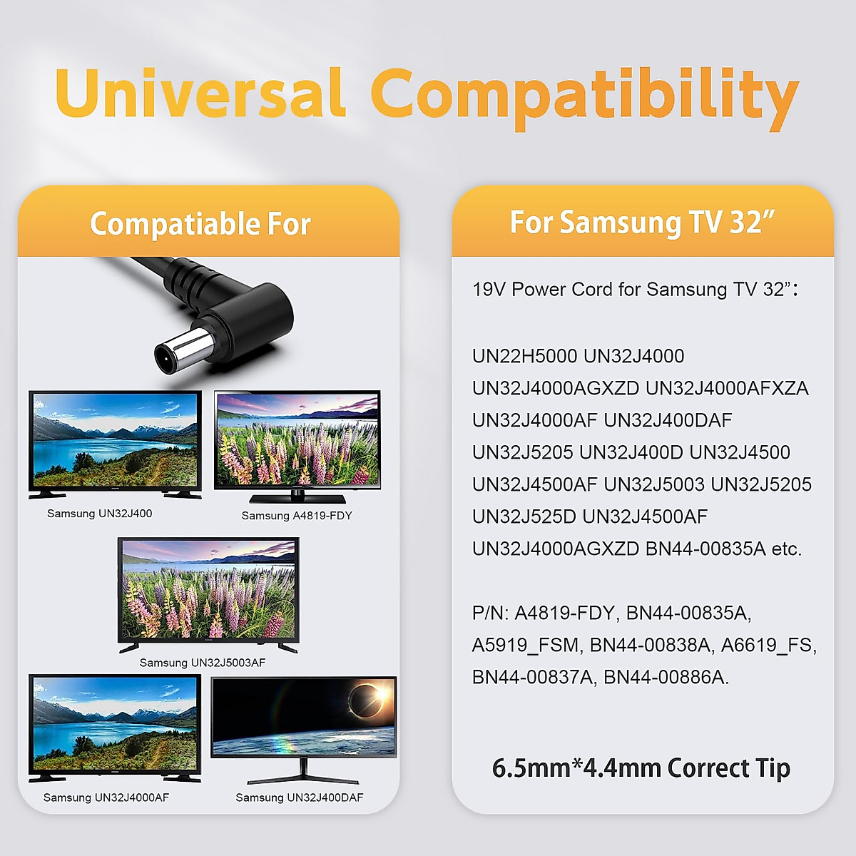 19V Power Cord for Samsung TV 32" UN32J4000, UN32J4000AF, UN32J400DAF, UN32J400DAFXZA, UN32J5205, UN32J5205AF, UN32J5205AFXZA, UN32J5003, UN32J5003AF; Model A4819-FDY, BN44-00835A Power Supply Cord