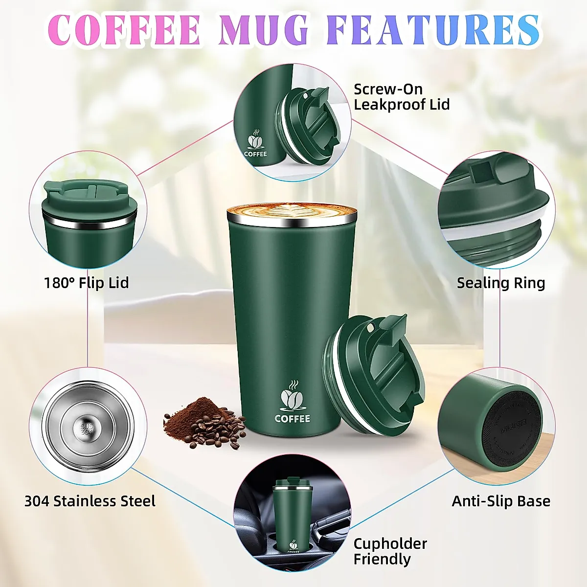 17oz Insulated Travel Coffee Mug with Flip Lid – Leakproof Stainless Steel Insulated Coffee Tumblers, Portable Thermos Cup for Hot & Cold Drinks, Perfect for Camping & On-the-Go