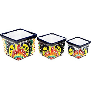 Enchanted Talavera Handmade Mexican Pottery Talavera Ceramic 3 Piece Set Succulent Pot Set Mini Flower Planter Cactus Pot Home Office Desk Décor Gift Small Shelf Desk Window Pottery (Multi-Color)