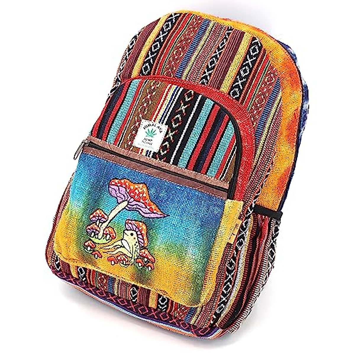 Unique Frog & Mushroom Embroidered Himalaya Hemp Hippie Backpack Festival Backpack FAIR TRADE Handmade with Love. (LARGE)
