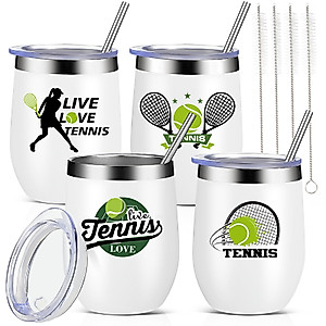Mifoci 4 Pcs Tennis Tumbler Cups 12 oz Insulated Stainless Steel Wine Glass Tennis Wine Tumbler Gift Tennis Travel Mug with Straw and Lid Tennis Coffee Mug Cup Tennis Gifts for Women Men Tennis Lovers