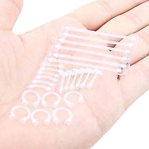 Hoeudjo Clear Cartilage Earrings Piercing Retainers 24Pcs Flexible Acrylic Helix Hoop Bioflex Nose Lip Stud Eyebrow Tragus Septum Horseshoe Rings Body Jewelry for Work