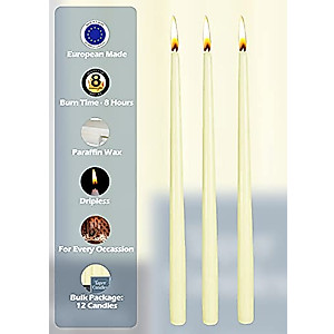 12 Pack Tall Taper Candles - 10 Inch Ivory Dripless, Unscented Dinner Candle - Paraffin Wax with Cotton Wicks - 8 Hour Burn Time
