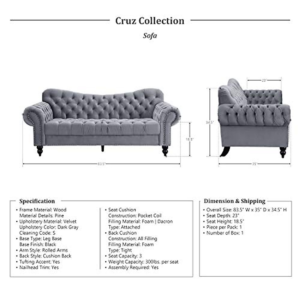 Lexicon Cruz Living Room Sofa, Dark Gray
