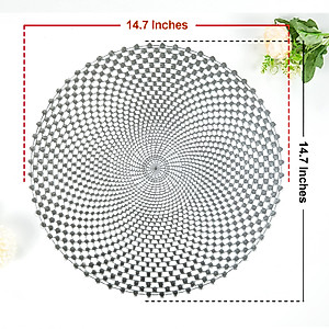 Crisjanggo Silver Metallic Placemats Set of 6 Pressed Vinyl Round Tablemats Simple Hollow Out Design Mats Washable Stain Resistant Nonslip Place Mat for Dining Table Wedding Party Decoration