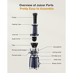 Cold Press Juicer, FEZEN Small Masticating Juicer for Fruits and Vegetables, Powerful Juice Extractor Machine with Compact Size and Space-Saving Feature, Very Easy to Clean (Updated)