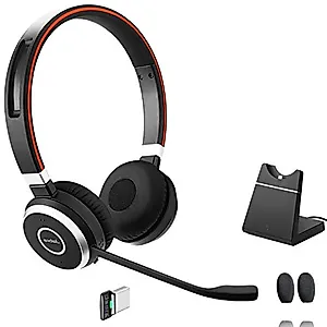 Jabra Evolve 65 Bluetooth Stereo Headset Bundle, MS Version, Two Mic Cushions, USB Dongle, Charging Stand, Compatible for Skype for Business, Lync, Teams, Voice & Video Apps, Smartphones, Pc, Mac