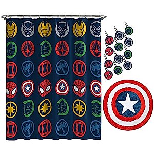 Jay Franco Marvel Avengers Shields 14 Piece Bathroom Set - Includes Shower Curtain, 12 Hooks, & Non-Slip Bath Rug - Easy Care Fabric (Official Marvel Product)