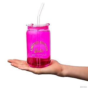 Dragon Glassware x Barbie Drinking Glasses - Pink and Magenta - 16 oz Can Shaped Glass Cups with Lids and Straws Set of 4 - Iced Coffee Cups with Lids - Glass Tumbler with Straw and Lid