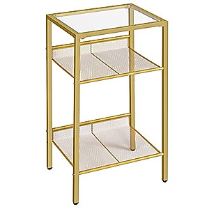 HOOBRO Tall End Table, Tempered Glass Telephone Table with Mesh Shelf, 3-Tier High and Narrow Side Table for Small Space, Sofa, Living Room, Bedroom, Easy Assembly, Modern Style, Gold GD04DH01