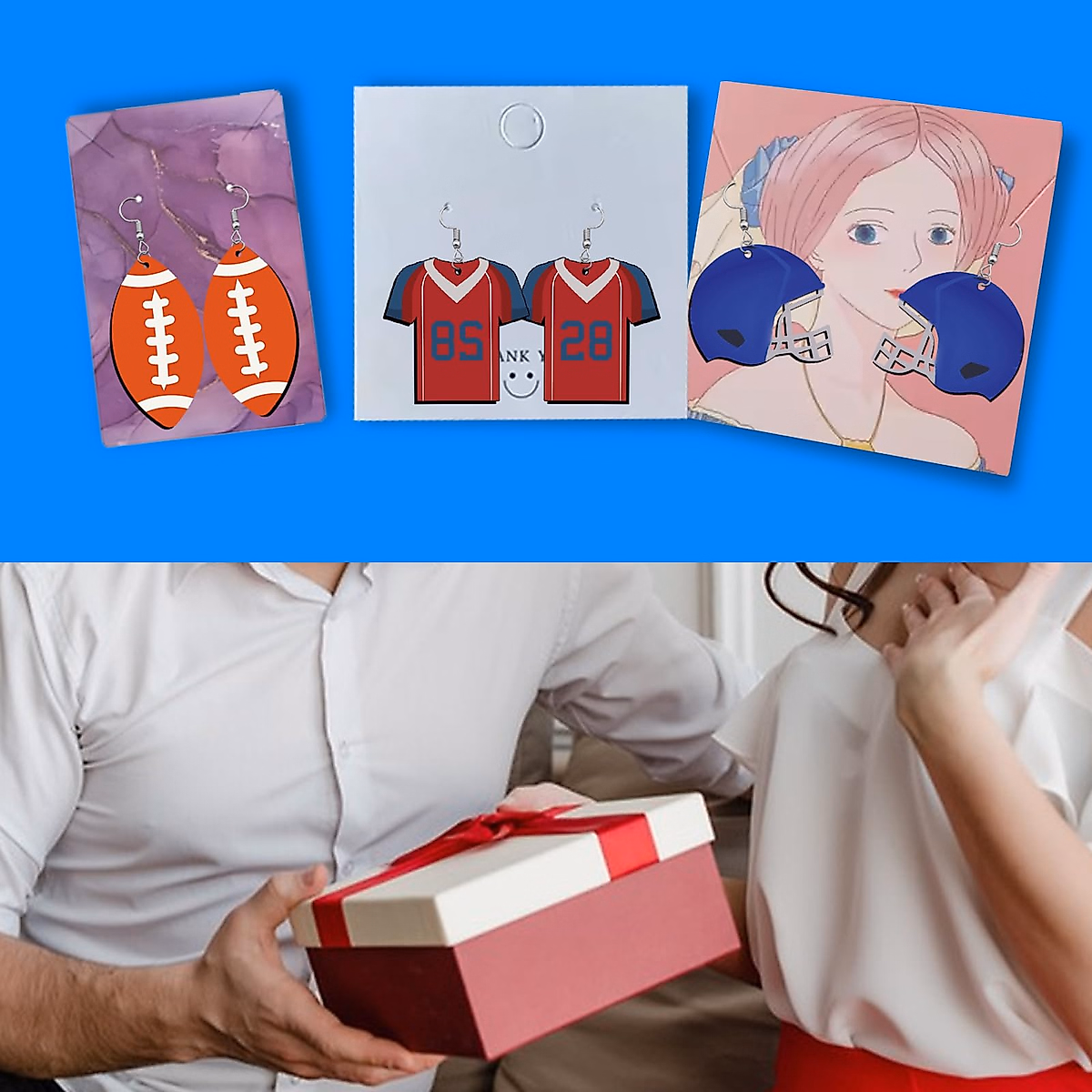 24 PCS Sublimation Earring Wooden Blanks Bulk MDF for Sublimation Football Earrings Double-Sided with Earring Hooks and Jump Rings DIY Sublimation Earrings Kit (Football, Football Shirt, Helmet)