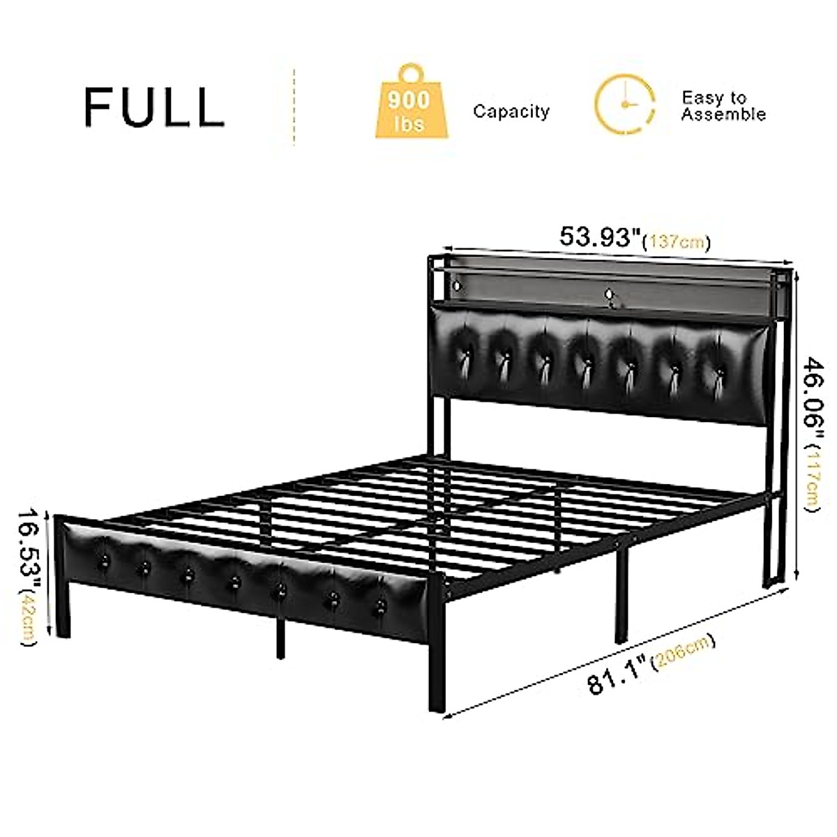 HAUSOURCE Full Bed Frame with Storage Headboard & Footboard Upholstered Platform Bed with LED Lights USB Ports & Outlets No Box Spring Needed