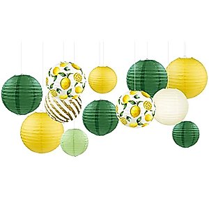 AOBKIAT Decorations Paper Lantern Kit-12PCS 3 Sizes Yellow Green White White Lemon Pattern for Neutral Baby Shower, Vintage Party,Birthday, Bridal Showers, Rustic Wedding Decorations
