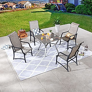 LOKATSE HOME 5 Pieces Outdoor Patio Dining Set Square Bistro Table with 2.1" Umbrella Hole and 4 Armrest Chairs for Garden Porch Backyard, Grey