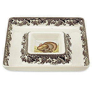 Spode Woodland Square Chip and Dip Serving Set with Turkey Motif | 12" Large Serving Platter for Thanksgiving | Ideal for Snacks, Veggies, and Appetizers