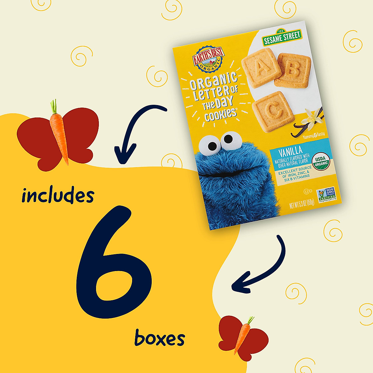 Earth's Best Organic Kids Snacks, Sesame Street Toddler Snacks, Organic Letter of the Day Cookies for Toddlers 2 Years and Older, Vanilla, 5.3 oz Box (Pack of 6)
