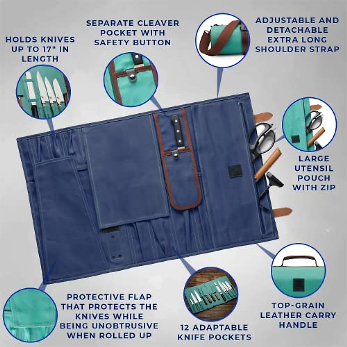Chef Knife Bag Professional – 12 Slot Knife Roll 16oz Waxed Canvas Leather - Culinary Knife Case to Store & Travel – Light, Portable, Durable (Blue Brown)