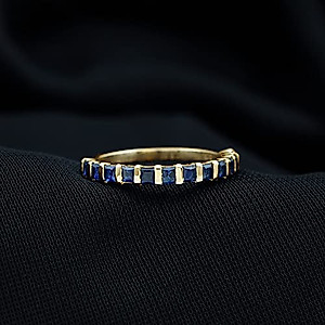 Rosec Jewels Certified Sapphire Half Eternity Band, AAA Quality, Natural Blue Sapphire Princess Cut Wedding Ring - Ready to Gift, 14K Yellow Gold, Size:US 10.00