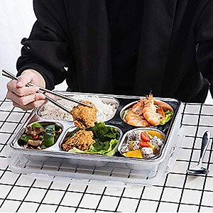 AIYoo 304 Stainless Steel Divided Plates with Lid for Adults Divided Dinner Tray 5 sections Bento Lunch Box Divided Food Containers