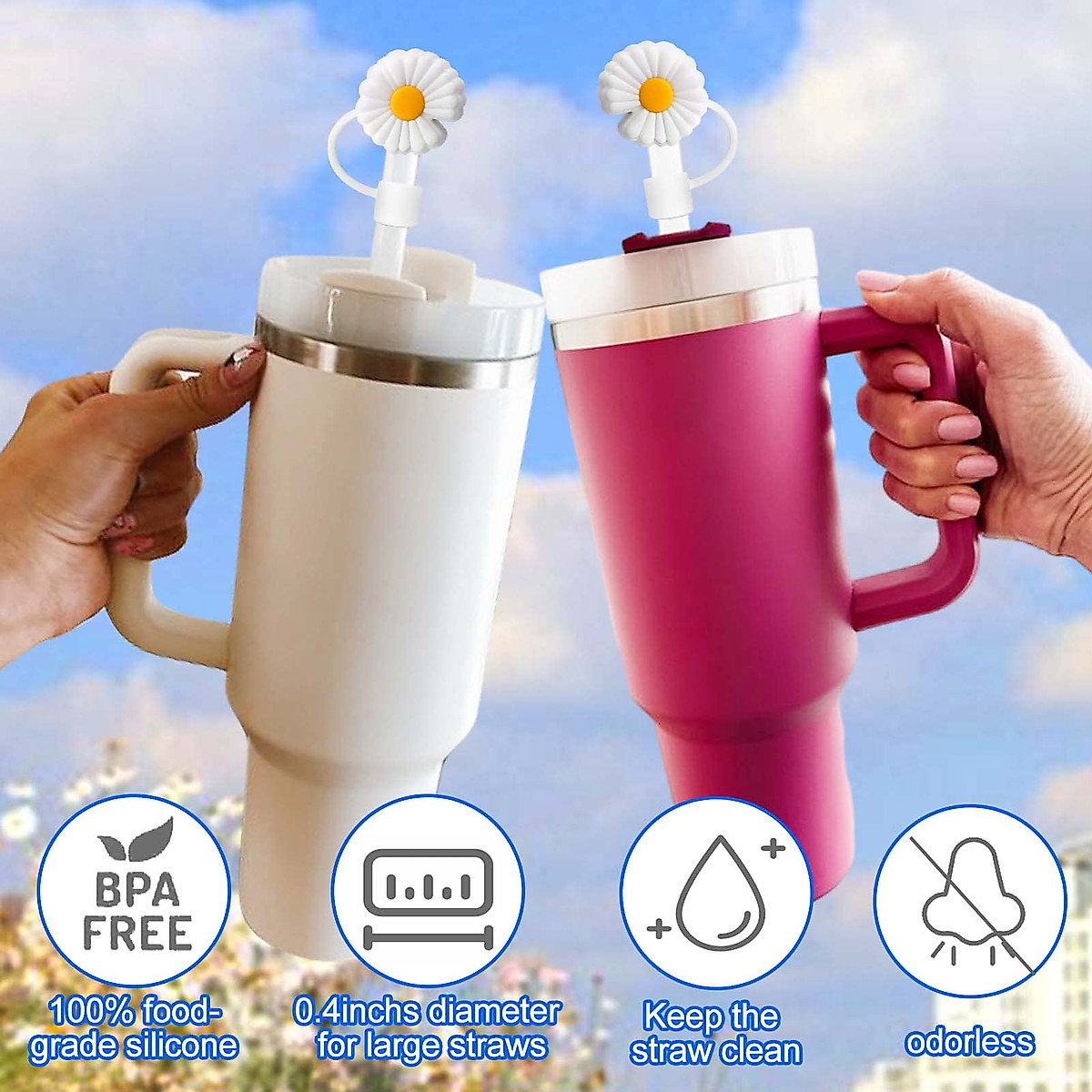 AIERSA Flower Straw Cover Cap for Stanley Cup,4Pcs Silicone Straw Topper Compatible with Stanley 30&40 Oz Tumbler with Handle,Straw Tip Covers for Stanley Cups Accessories