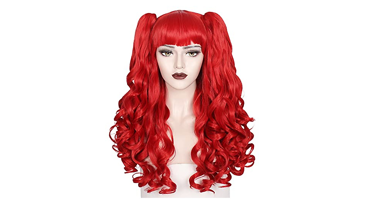 WeKen Long Curly Red Cosplay Wig with Pigtails
