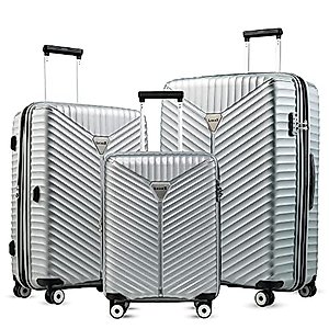 LUGGEX Silver Luggage Sets 3 Piece with Spinner Wheels - Expandable Carry on Suitcase Set of 3 - Travel Lightweight Luggage Sets 3 Piece without USB Port