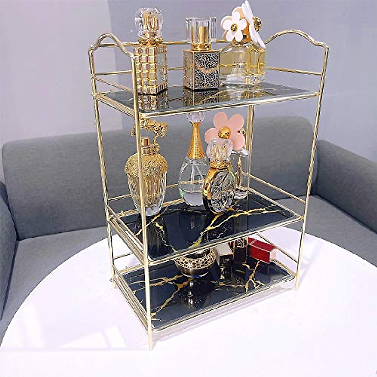 Simmer Stone 3 Tier Makeup Perfume Organizer Shelf, Cosmetic Storage Corner Shelf with Removable Glass Tray, Wire Vanity Organizer Rack for Dresser, Countertop, Bathroom and More (Gold)