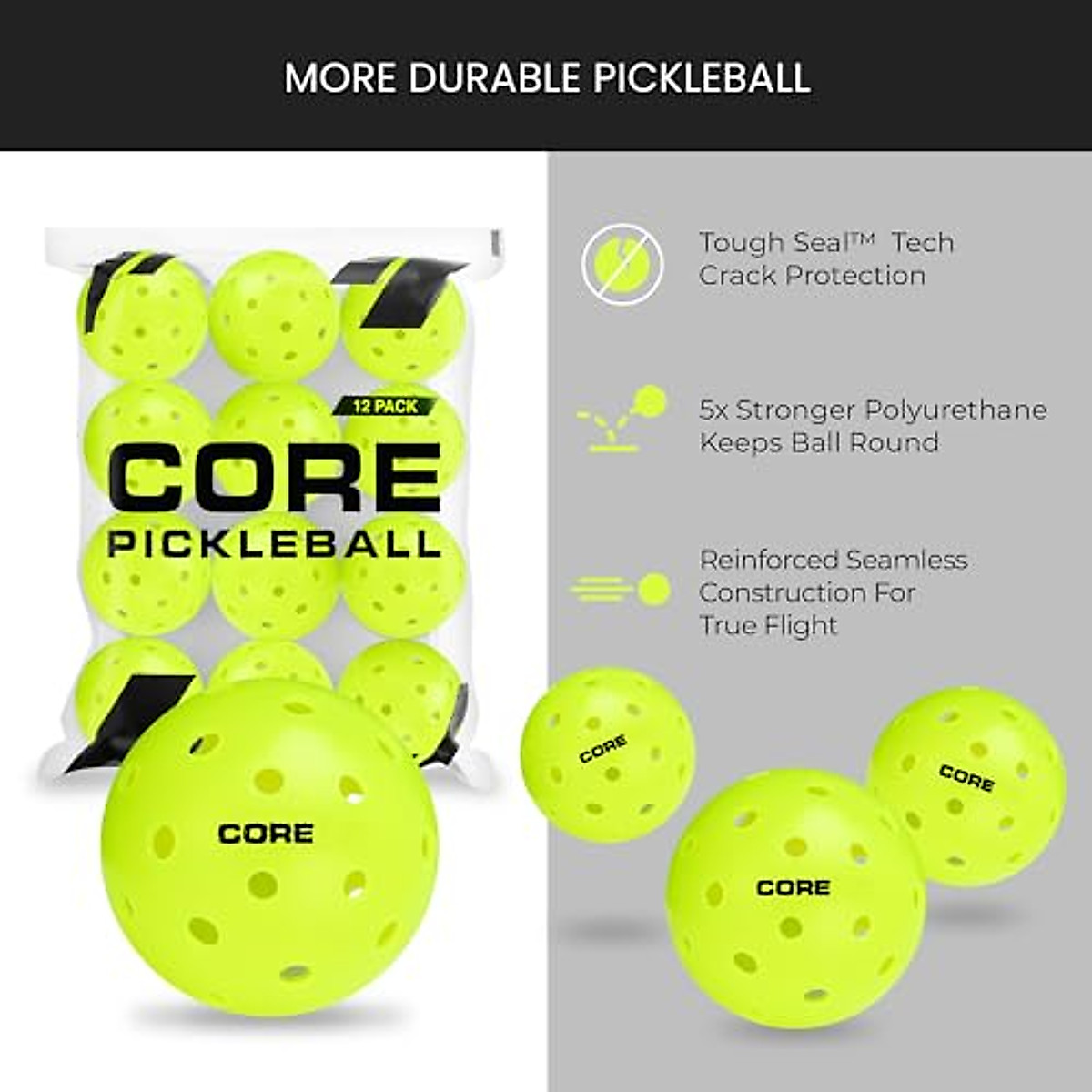 CORE Pickleball Balls for Professionals and All Levels of Play - Set of 4-50 Balls with 40 Holes - USA Pickleball Approved Durable Outdoor Pickleball Balls (12 Pack)