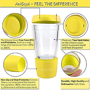 AniSqui 12 oz Reusable Coffee Cup with Lids, Glass Travel Coffee Mugs (Yellow)