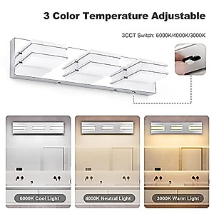 3 Color Temperature Dimmable Bathroom Light Fixtures over Mirror LED Chrome 3 Light Bathroom Vanity Light Fixtures Acrylic Stainless Steel Square Shade Vanity Lights for Bathroom, ETL Certificated