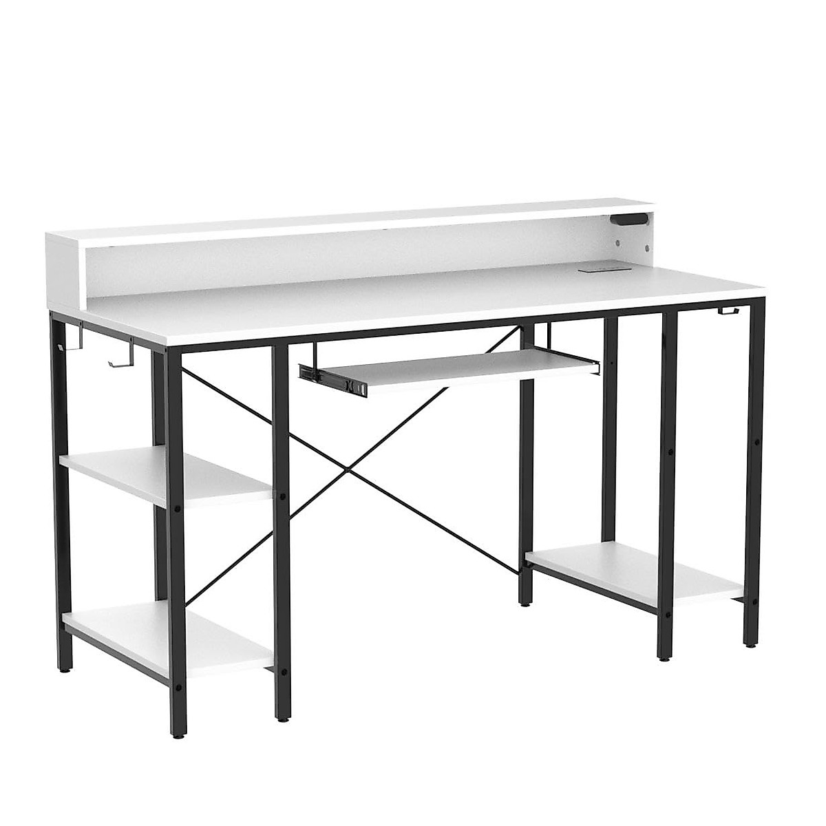 Rolanstar Computer Desk 55 inch with LED Lights & Power Outlets, Gaming Desk with Storage Shelves, Home Office Desk with Keyboard Tray, Writing Desk with Monitor Stand, Study Desk, White
