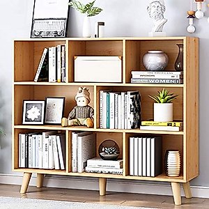 IOTXY Wooden Open Shelf Bookcase - 3-Tier Floor Standing Display Cabinet Rack with Legs, 8 Cubes Bookshelf, Pear Yellow