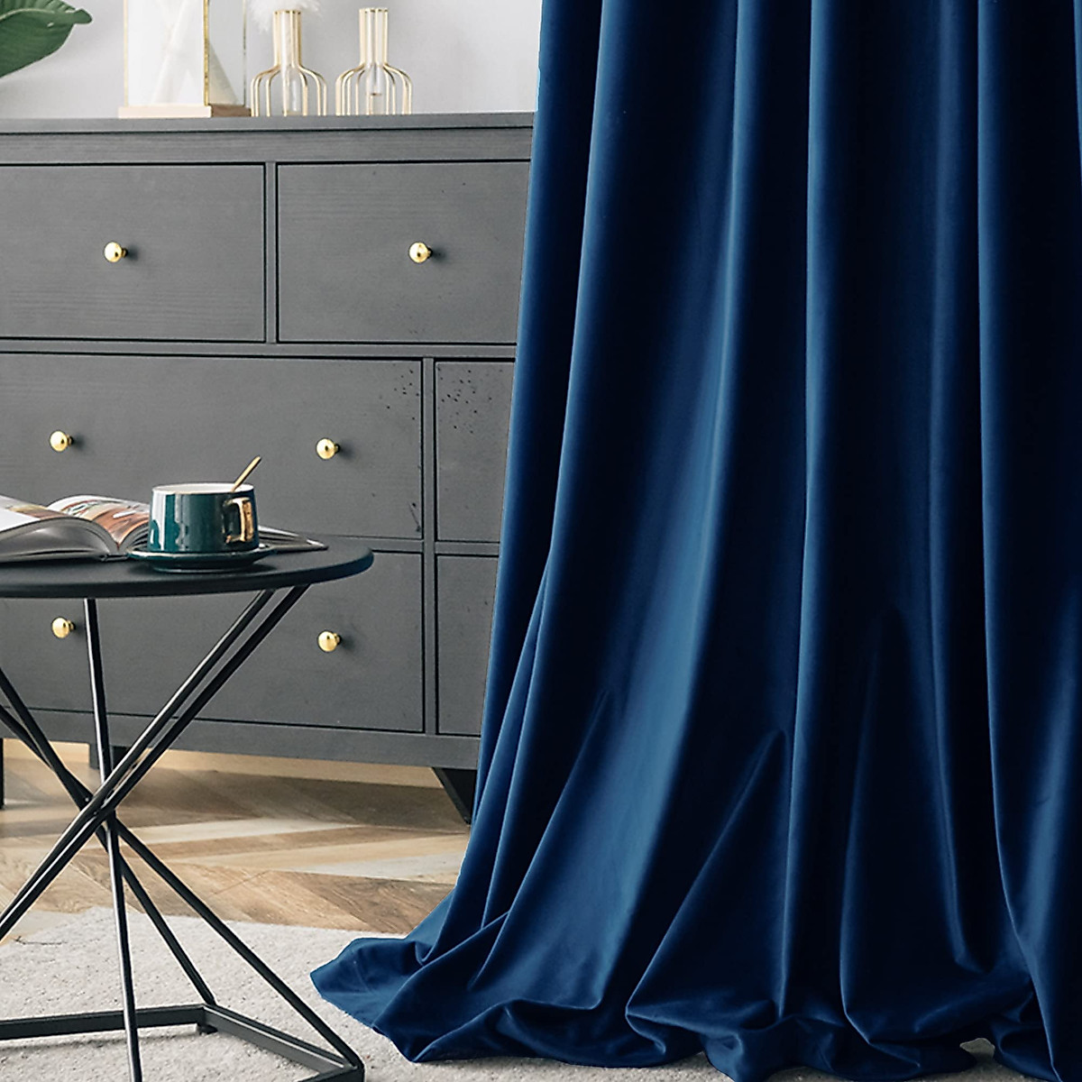 Twin Six Super Soft Blackout Velvet Curtains with 2 Pillow Case,Thermal Insulated Solid Heavy Rod Pocket Window Drapes for Living Room (Navy Blue, 52"x84",2 Panels)