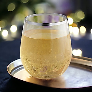 48 piece Stemless Unbreakable Crystal Clear Plastic Wine Glasses Set of 48 (10 Ounce - Silver Rim)