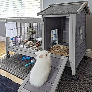 Indoor Rabbit Hutch Bunny Cage with 4 Casters, Bunny Hutch -Removable Wire Grate