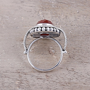 NOVICA Artisan Handmade Carnelian Cocktail Ring Artisan Crafted Sterling Silver Jewelry Red Single Stone India Marsala Birthstone [crownbezel 0.8 in L x 0.7 in W x 0.3 in H Band Width 2 mm W] ' Sun
