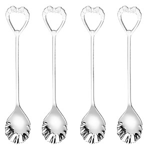 Ouliget Stainless Steel Tableware Dessert Spoons Set, Heart Shaped Straight Shank Coffee Spoons, Mirror Polished Finish Mini Teaspoons, Dishwasher Safe, 4 Pack