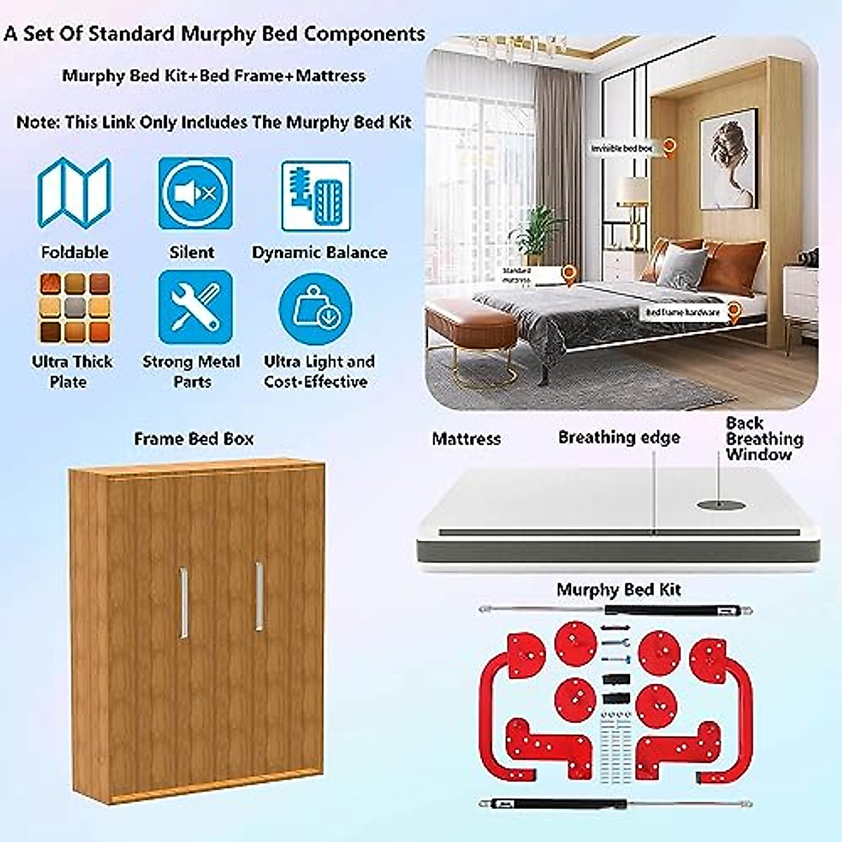 Tlongxia Queen-Horizontal Murphy Bed Hardware with Coarse Gas Bumper Spring Frame Concealed Murphy Bed Kit Mattress for Semi-Automatic Foldable Cabinet Closet Bed Room Study Murphy Bed Kit DIY