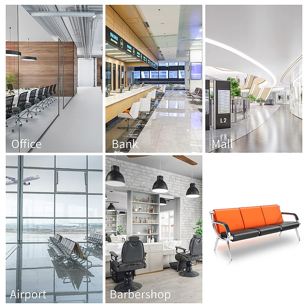 OmySalon 3-Seat Waiting Room Bench，Reception Bench Seating Office Chair with Armrest, Heavy Duty Guest Lobby Chair, Conference Room Chairs for Salon Airport Hospital Bank, PU Leather,Orange