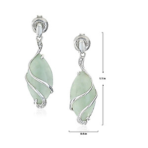 MORGAN & PAIGE .925 Sterling Silver & Green Jade Diamond-Accented 3/4" Wire-Wrapped Marquise Cut Drop Earrings