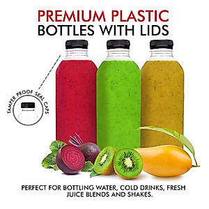 Empty Plastic Juice Bottles Bulk with Caps for Juicing & Smoothies, Reusable Clear , 16 Ounce Drink Containers for Mini Fridge, Juicer Shots, Small 16 oz (12 Pack)