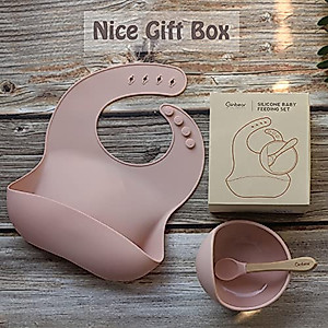 Ginbear Baby Bowls with Suction First Stage, Baby Girl Silicone Bibs, Baby Feeding Spoons, Baby Led Weaning Supplies for Ages 6 Months+ (Baby Pink)