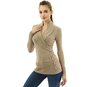 AmélieBoutik Women Shawl Collar Faux Wrap Lace Up Long Sleeve Sweater (Deep Beige X-Small)