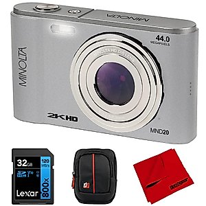 Minolta MND20-S 44 MP 2.7K Ultra HD Digital Camera, Silver Bundle with Lexar 32G BUHS-I SDHC Memory Card, Deco Photo Point and Shoot Camera Case and Deco Photo Microfiber Cleaning Cloth