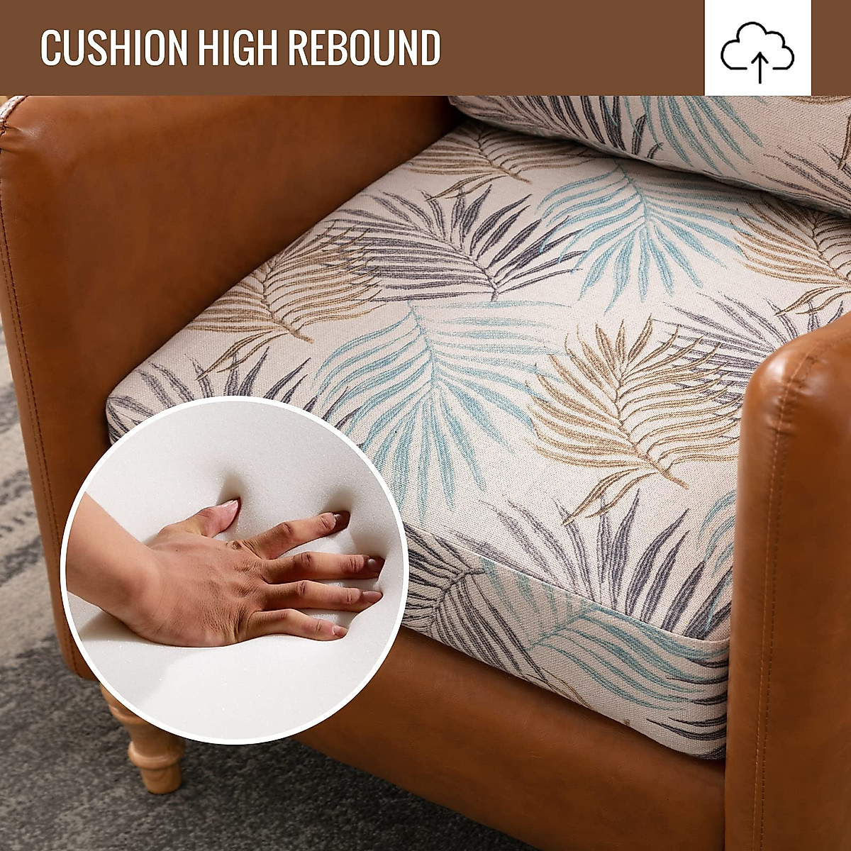 Icoget Accent Armrest Single Sofa Chair Fabric and Leather, Mid-Century Modern Chair w/Rubberwood Legs for Small Spaces, Comfy Living Room Upholstered Chair for Relaxing Reading - Brown