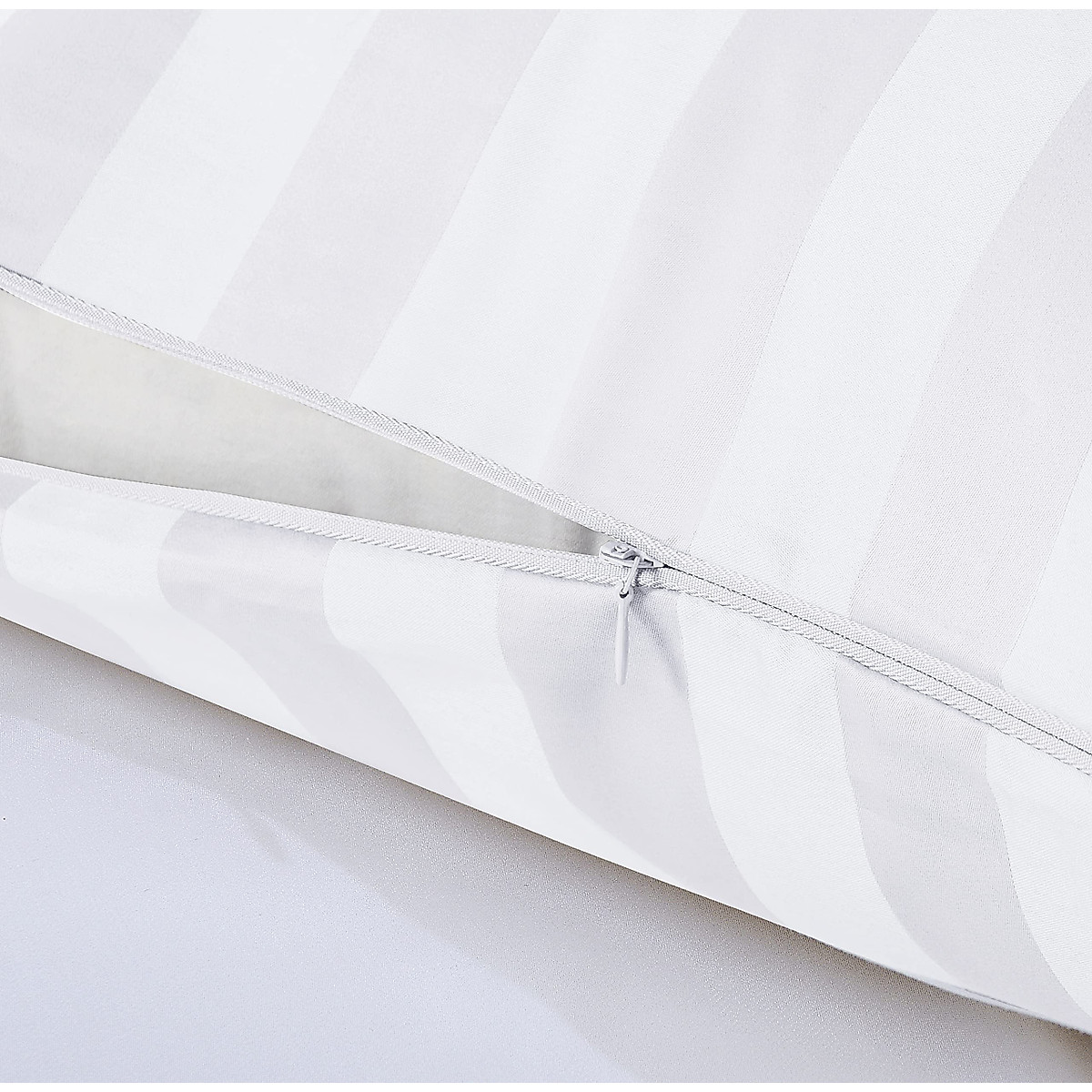 100% Egyptian Cotton Standard Pillow Protectors Set of 2, 400 Thread Count Sateen Weave Cooling Pillowcase, Easy Care Zippered Style Pillow Covers (Stripe-White, Standard)